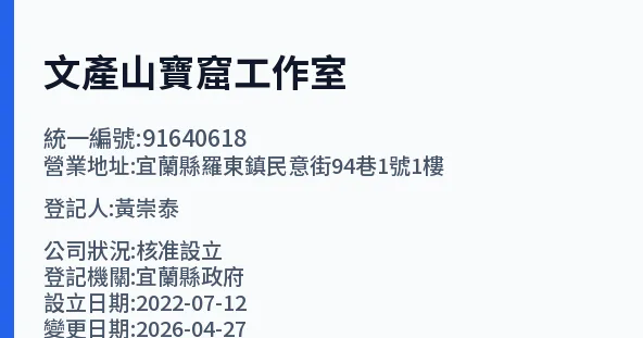 文產山寶窟工作室的照片-統編 91640618(宜蘭縣) 公司登記資料與營業項目詳細圖表