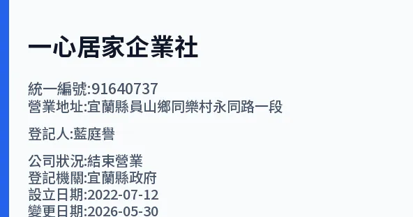 一心居家企業社的照片-統編 91640737(宜蘭縣) 公司登記資料與營業項目詳細圖表
