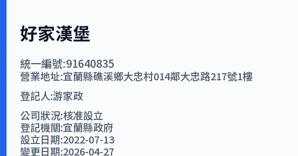 好家漢堡的照片-統編 91640835(宜蘭縣) 公司登記資料與營業項目詳細圖表