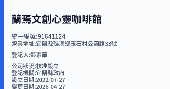 蘭焉文創心靈咖啡館的照片-統編 91641124(宜蘭縣) 公司登記資料與營業項目詳細圖表