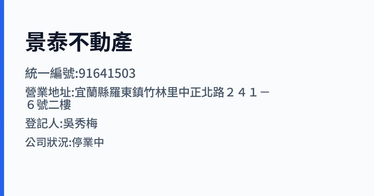 景泰不動產 - 統編 91641503（宜蘭縣） 公司登記資料與營業項目詳細圖表