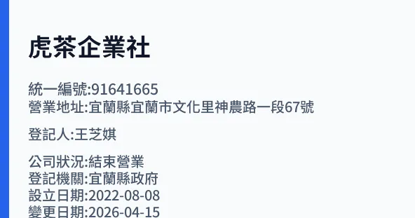 虎茶企業社的照片-統編 91641665(宜蘭縣) 公司登記資料與營業項目詳細圖表