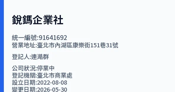 銳鎷企業社的照片-統編 91641692(臺北市) 公司登記資料與營業項目詳細圖表