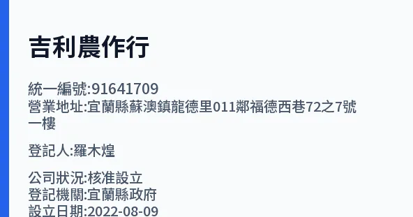 吉利農作行的照片-統編 91641709(宜蘭縣) 公司登記資料與營業項目詳細圖表