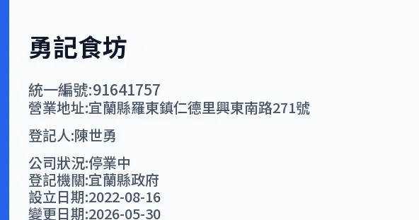 勇記食坊的照片-統編 91641757(宜蘭縣) 公司登記資料與營業項目詳細圖表