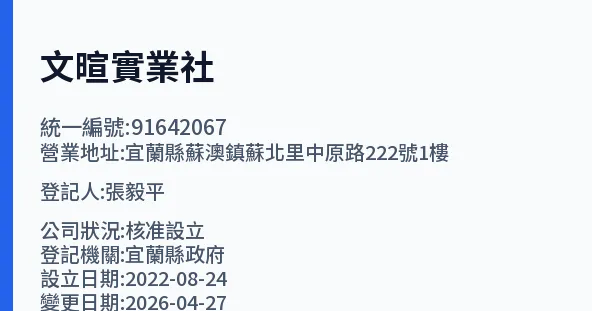 文暄實業社的照片-統編 91642067(宜蘭縣) 公司登記資料與營業項目詳細圖表