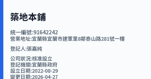 築地本鋪的照片-統編 91642242(宜蘭縣) 公司登記資料與營業項目詳細圖表