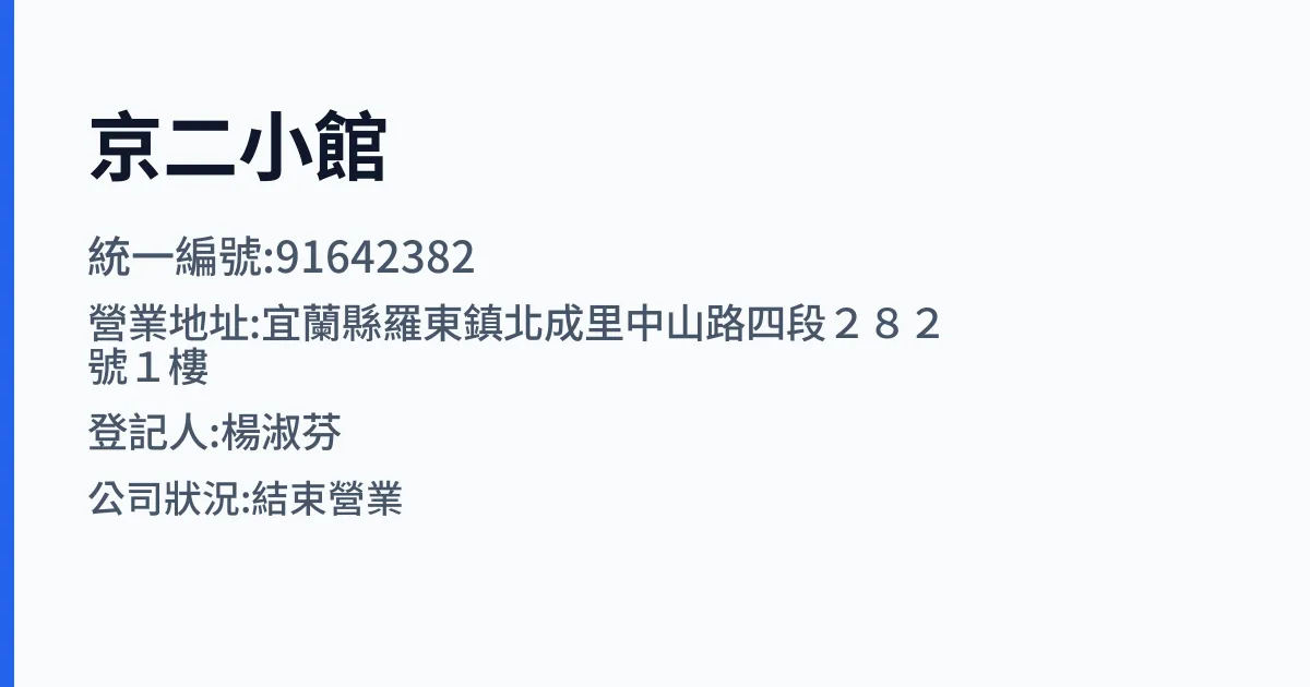 京二小館 - 統編 91642382(宜蘭縣) 公司登記資料與營業項目詳細圖表