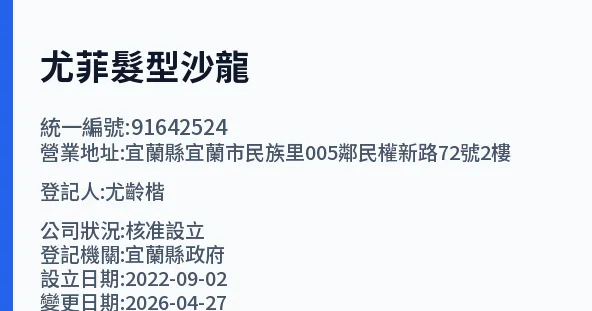 尤菲髮型沙龍的照片-統編 91642524(宜蘭縣) 公司登記資料與營業項目詳細圖表