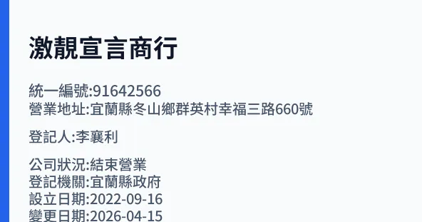 激靚宣言商行的照片-統編 91642566(宜蘭縣) 公司登記資料與營業項目詳細圖表