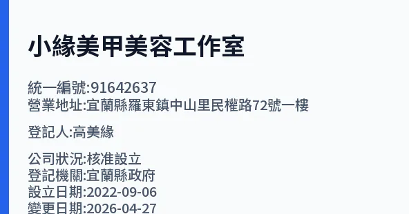 小緣美甲美容工作室的照片-統編 91642637(宜蘭縣) 公司登記資料與營業項目詳細圖表