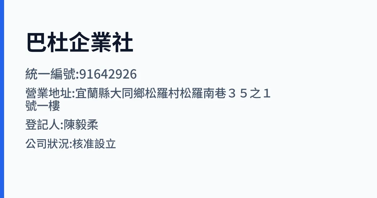 巴杜企業社 - 統編 91642926（宜蘭縣） 公司登記資料與營業項目詳細圖表