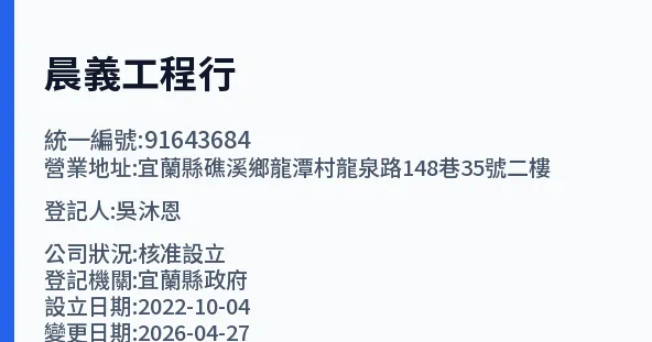 晨義工程行的照片-統編 91643684(宜蘭縣) 公司登記資料與營業項目詳細圖表