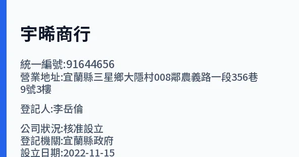 宇晞商行的照片-統編 91644656(宜蘭縣) 公司登記資料與營業項目詳細圖表