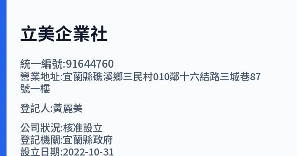 立美企業社的照片-統編 91644760(宜蘭縣) 公司登記資料與營業項目詳細圖表