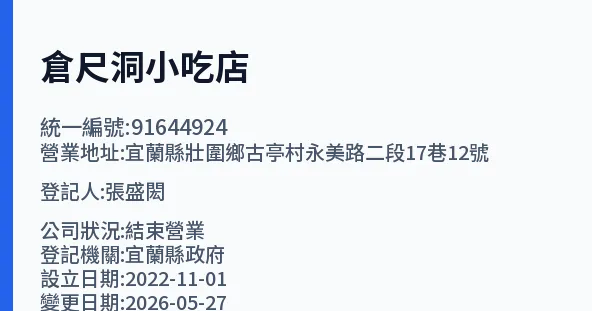 倉尺洞小吃店的照片-統編 91644924(宜蘭縣) 公司登記資料與營業項目詳細圖表