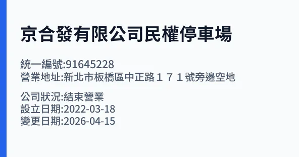 京合發有限公司民權停車場的照片-統編 91645228(新北市) 公司登記資料與營業項目詳細圖表