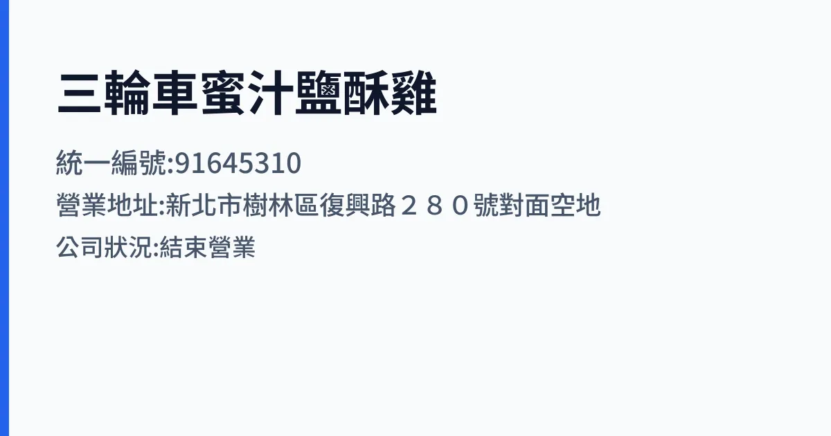 三輪車蜜汁鹽酥雞 - 統編 91645310(新北市) 公司登記資料與營業項目詳細圖表