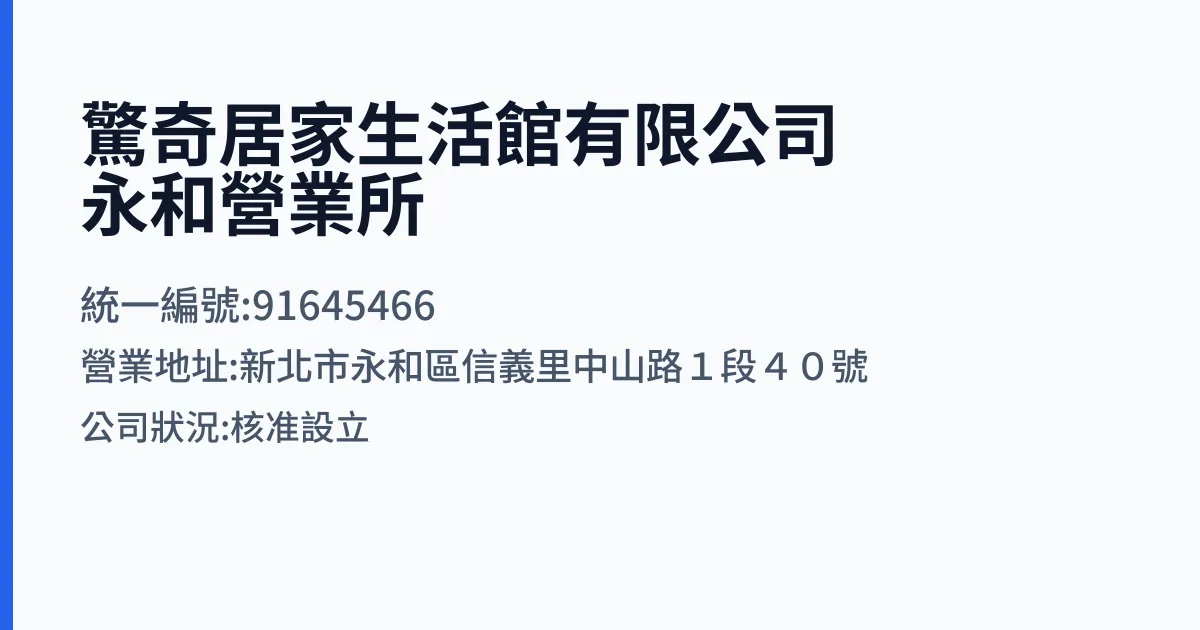 驚奇居家生活館有限公司永和營業所 - 統編 91645466(新北市) 公司登記資料與營業項目詳細圖表
