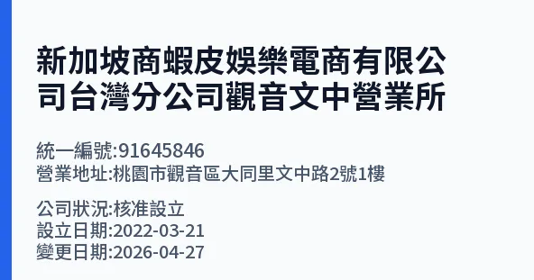 新加坡商蝦皮娛樂電商有限公司台灣分公司觀音文中營業所的照片-統編 91645846(桃園市) 公司登記資料與營業項目詳細圖表