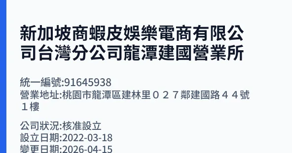 新加坡商蝦皮娛樂電商有限公司台灣分公司龍潭建國營業所的照片-統編 91645938(桃園市) 公司登記資料與營業項目詳細圖表
