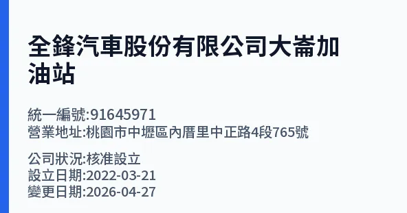 全鋒汽車股份有限公司大崙加油站的照片-統編 91645971(桃園市) 公司登記資料與營業項目詳細圖表