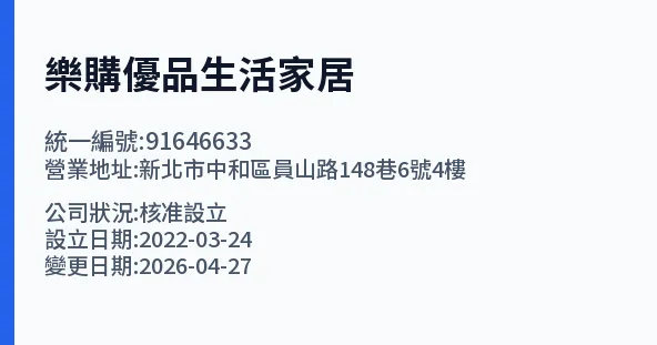 樂購優品生活家居的照片-統編 91646633(新北市) 公司登記資料與營業項目詳細圖表