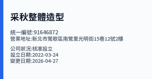 采秋整體造型的照片-統編 91646872(新北市) 公司登記資料與營業項目詳細圖表
