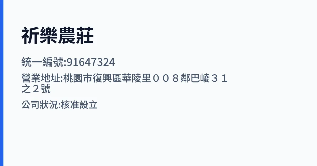 祈樂農莊 - 統編 91647324(桃園市) 公司登記資料與營業項目詳細圖表