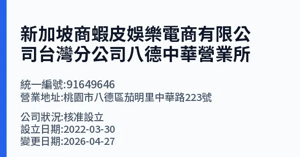 新加坡商蝦皮娛樂電商有限公司台灣分公司八德中華營業所的照片-統編 91649646(桃園市) 公司登記資料與營業項目詳細圖表