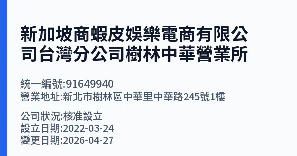 新加坡商蝦皮娛樂電商有限公司台灣分公司樹林中華營業所的照片-統編 91649940(新北市) 公司登記資料與營業項目詳細圖表