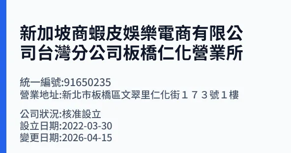 新加坡商蝦皮娛樂電商有限公司台灣分公司板橋仁化營業所的照片-統編 91650235(新北市) 公司登記資料與營業項目詳細圖表