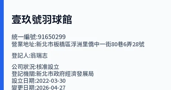 壹玖號羽球館的照片-統編 91650299(新北市) 公司登記資料與營業項目詳細圖表