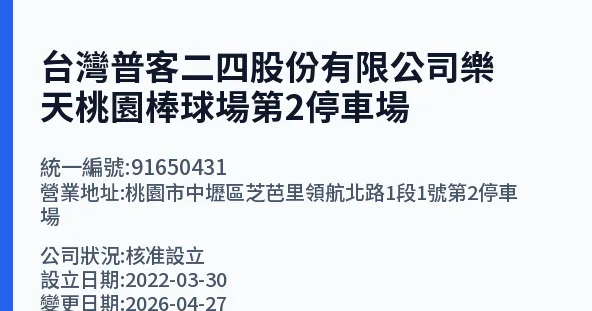 台灣普客二四股份有限公司樂天桃園棒球場第2停車場的照片-統編 91650431(桃園市) 公司登記資料與營業項目詳細圖表