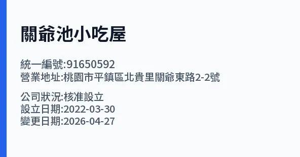 關爺池小吃屋的照片-統編 91650592(桃園市) 公司登記資料與營業項目詳細圖表