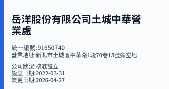 岳洋股份有限公司土城中華營業處的照片-統編 91650740(新北市) 公司登記資料與營業項目詳細圖表