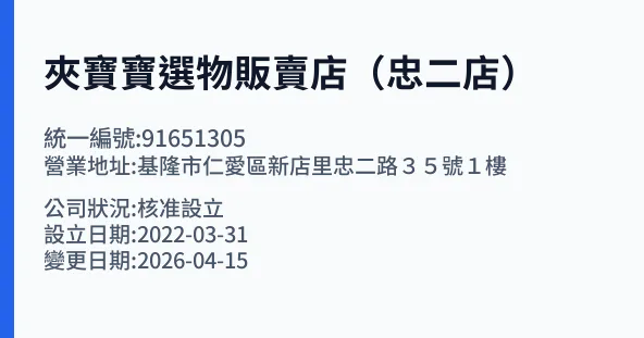 夾寶寶選物販賣店（忠二店）的照片-統編 91651305(基隆市) 公司登記資料與營業項目詳細圖表