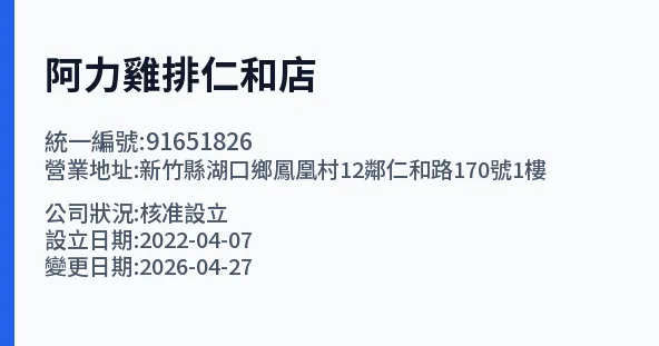 阿力雞排仁和店的照片-統編 91651826(新竹縣) 公司登記資料與營業項目詳細圖表