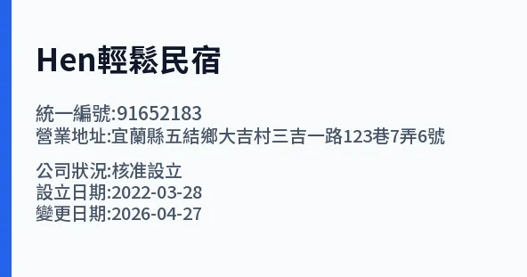 Hen輕鬆民宿的照片-統編 91652183(宜蘭縣) 公司登記資料與營業項目詳細圖表
