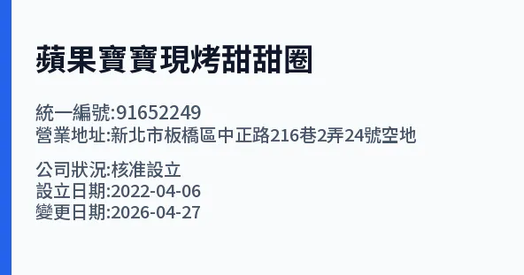 蘋果寶寶現烤甜甜圈的照片-統編 91652249(新北市) 公司登記資料與營業項目詳細圖表