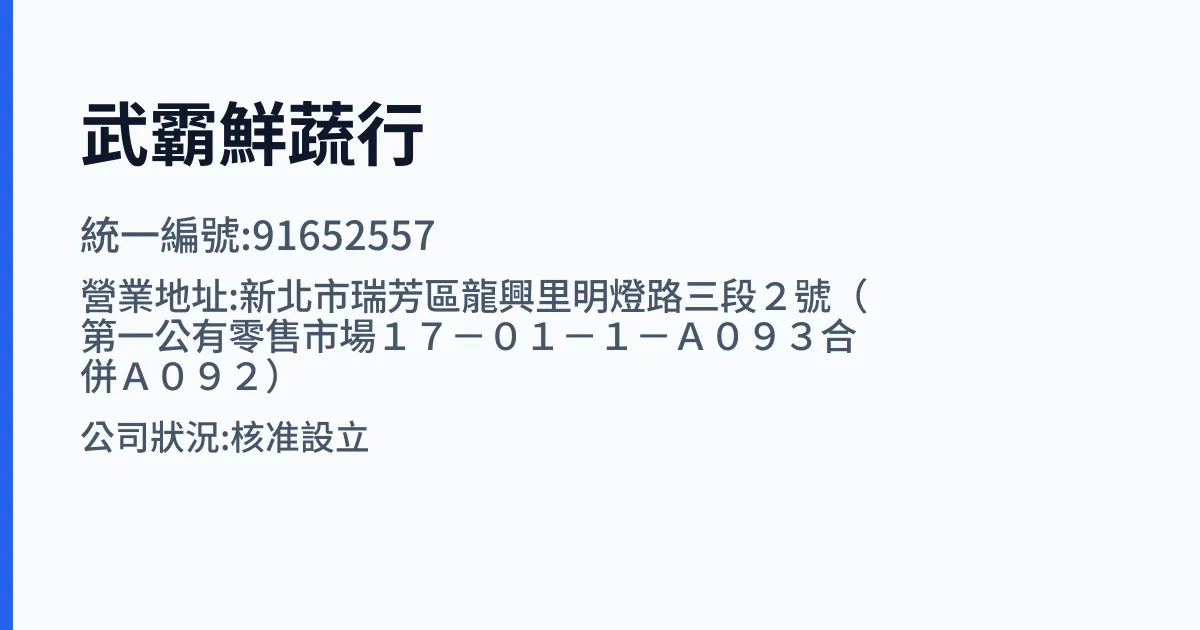 武霸鮮蔬行 - 統編 91652557(新北市) 公司登記資料與營業項目詳細圖表