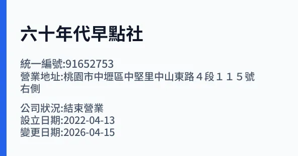 六十年代早點社的照片-統編 91652753(桃園市) 公司登記資料與營業項目詳細圖表