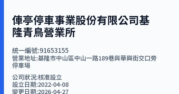 俥亭停車事業股份有限公司基隆青鳥營業所的照片-統編 91653155(基隆市) 公司登記資料與營業項目詳細圖表
