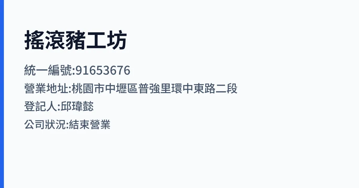 搖滾豬工坊 - 統編 91653676(桃園市) 公司登記資料與營業項目詳細圖表