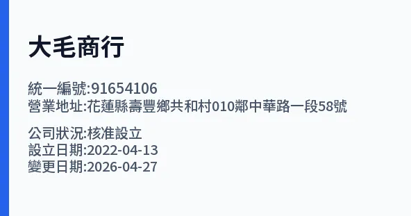 大毛商行的照片-統編 91654106(花蓮縣) 公司登記資料與營業項目詳細圖表