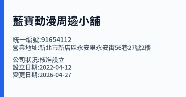 藍寶動漫周邊小舖的照片-統編 91654112(新北市) 公司登記資料與營業項目詳細圖表