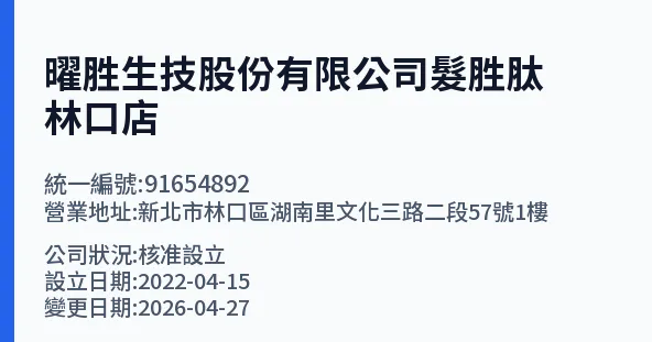 曜胜生技股份有限公司髮胜肽林口店的照片-統編 91654892(新北市) 公司登記資料與營業項目詳細圖表