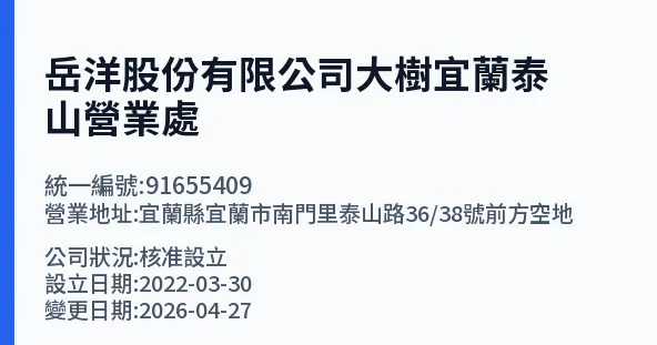 岳洋股份有限公司大樹宜蘭泰山營業處的照片-統編 91655409(宜蘭縣) 公司登記資料與營業項目詳細圖表