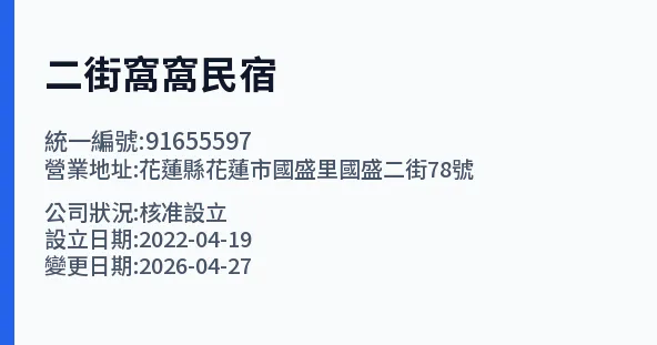 二街窩窩民宿的照片-統編 91655597(花蓮縣) 公司登記資料與營業項目詳細圖表