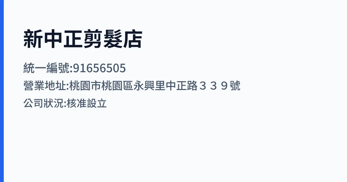 新中正剪髮店 - 統編 91656505(桃園市) 公司登記資料與營業項目詳細圖表